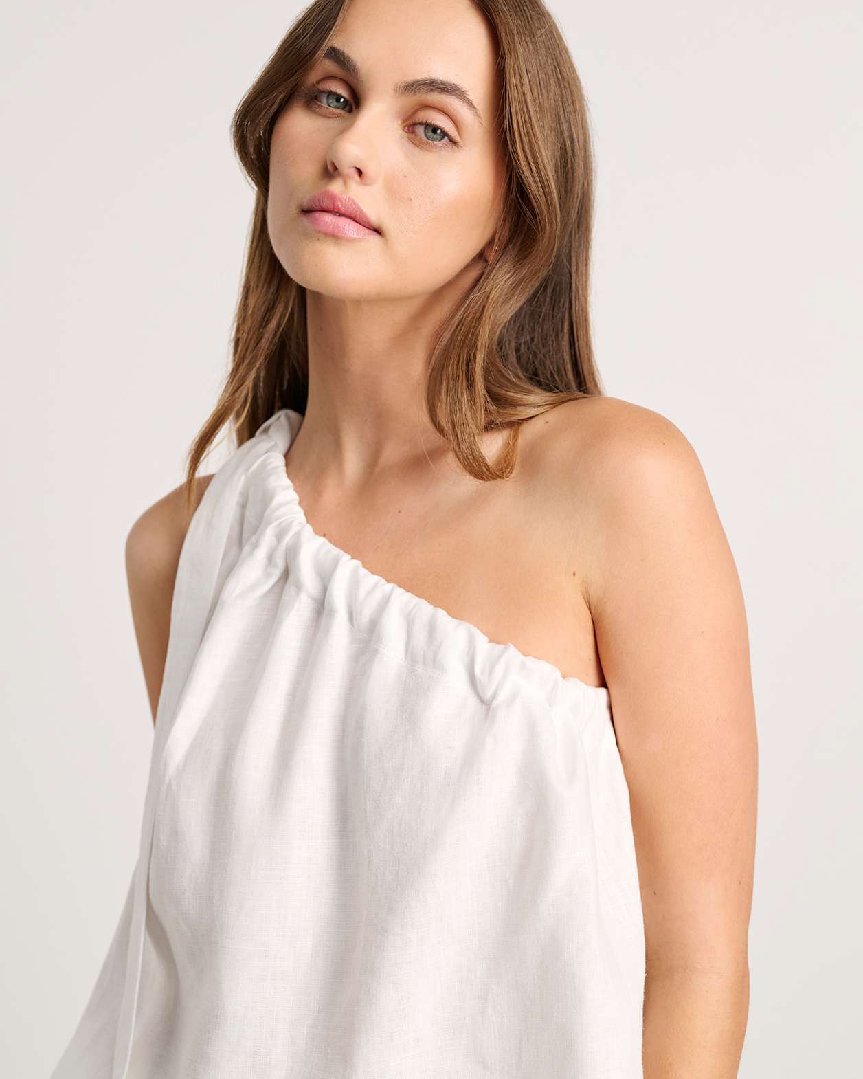Ariel One Shoulder Linen Top in White | JAG